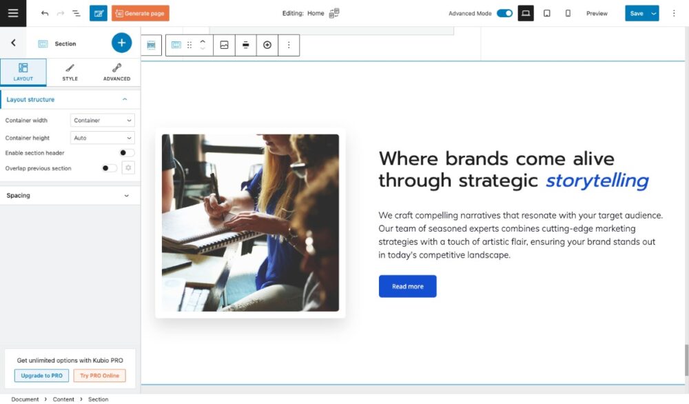 The structure of a webpage in Kubio: sections, columns and blocks | KubioBuilder
