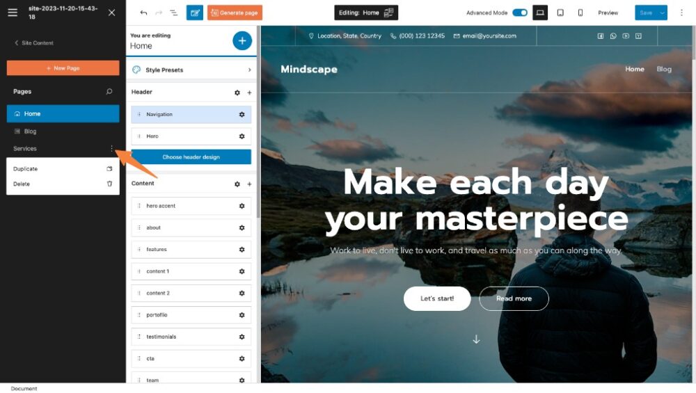 How to create, delete or duplicate pages, and navigate between pages and posts | KubioBuilder