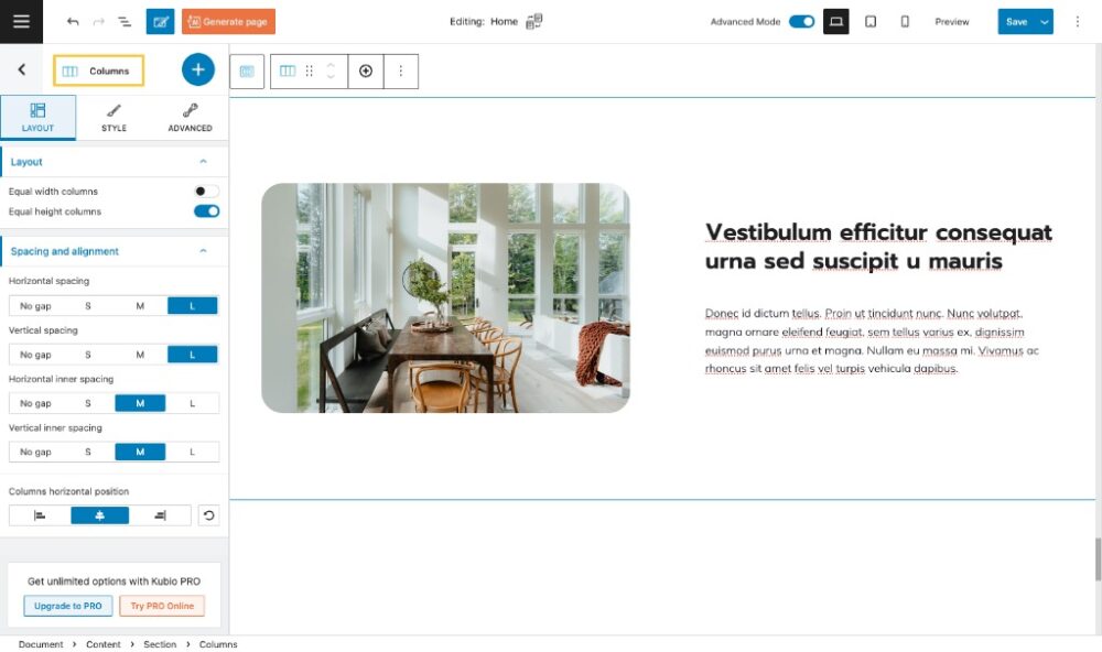Columns block | KubioBuilder