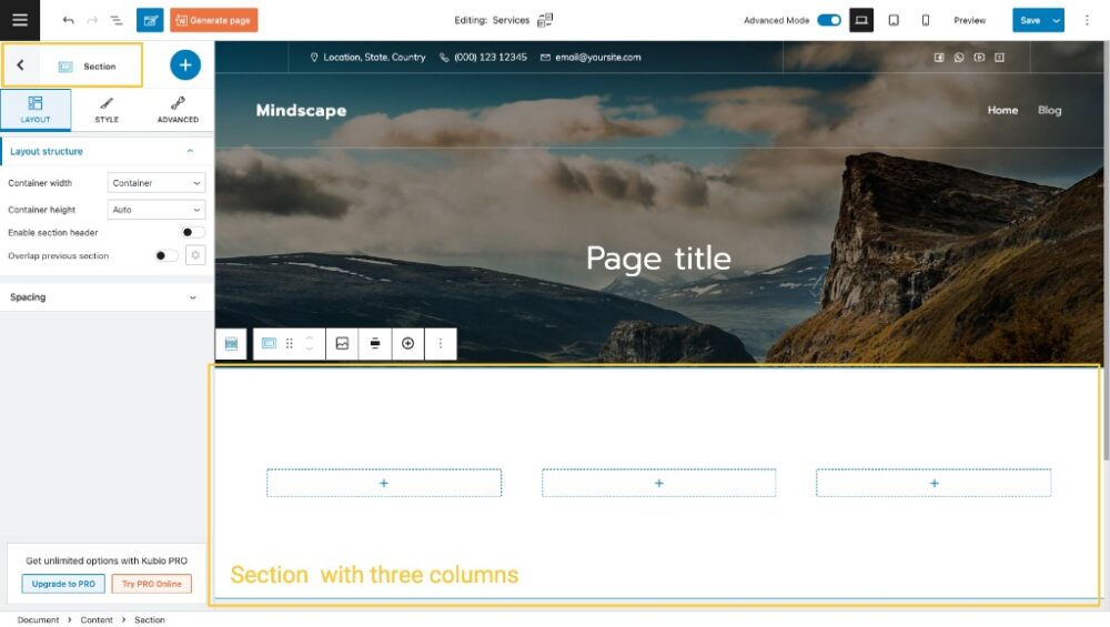The structure of a webpage in Kubio: sections, columns and blocks ...