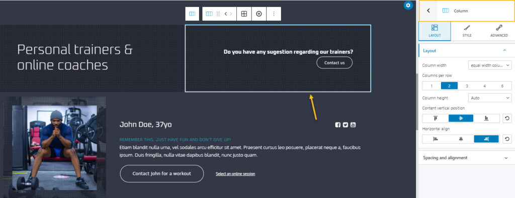 The structure of a webpage in Kubio: sections, columns and blocks | KubioBuilder
