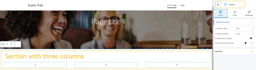 The structure of a webpage in Kubio: sections, columns and blocks | KubioBuilder